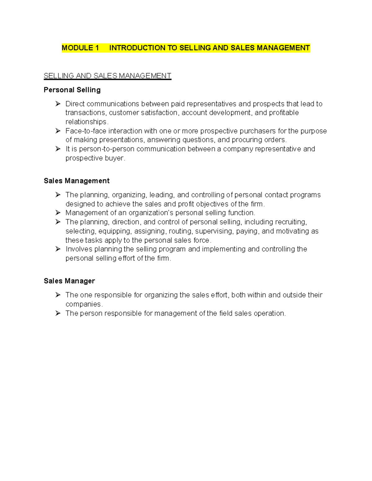 Sales Management Overview: Modules 1-4 Insights for Success - Studocu