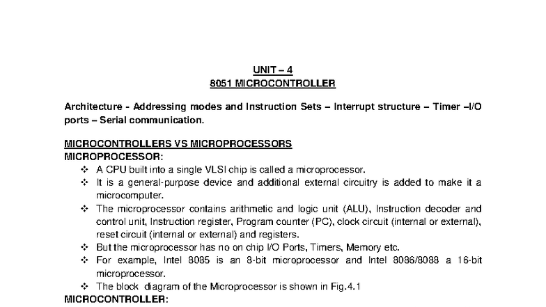 Unit 4: 8051 Microcontroller Architecture & Instruction Sets (MPMC) - Studocu