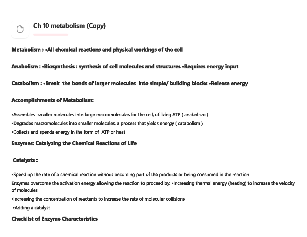 Chapter 10: Metabolism - Study Notes for Review - Ch 10 metabolism ...