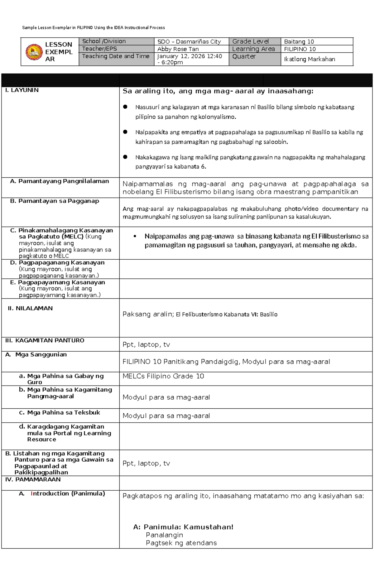 Sample Lesson Exemplar in FILIPINO 10: El Filibusterismo Kabanata VI ...