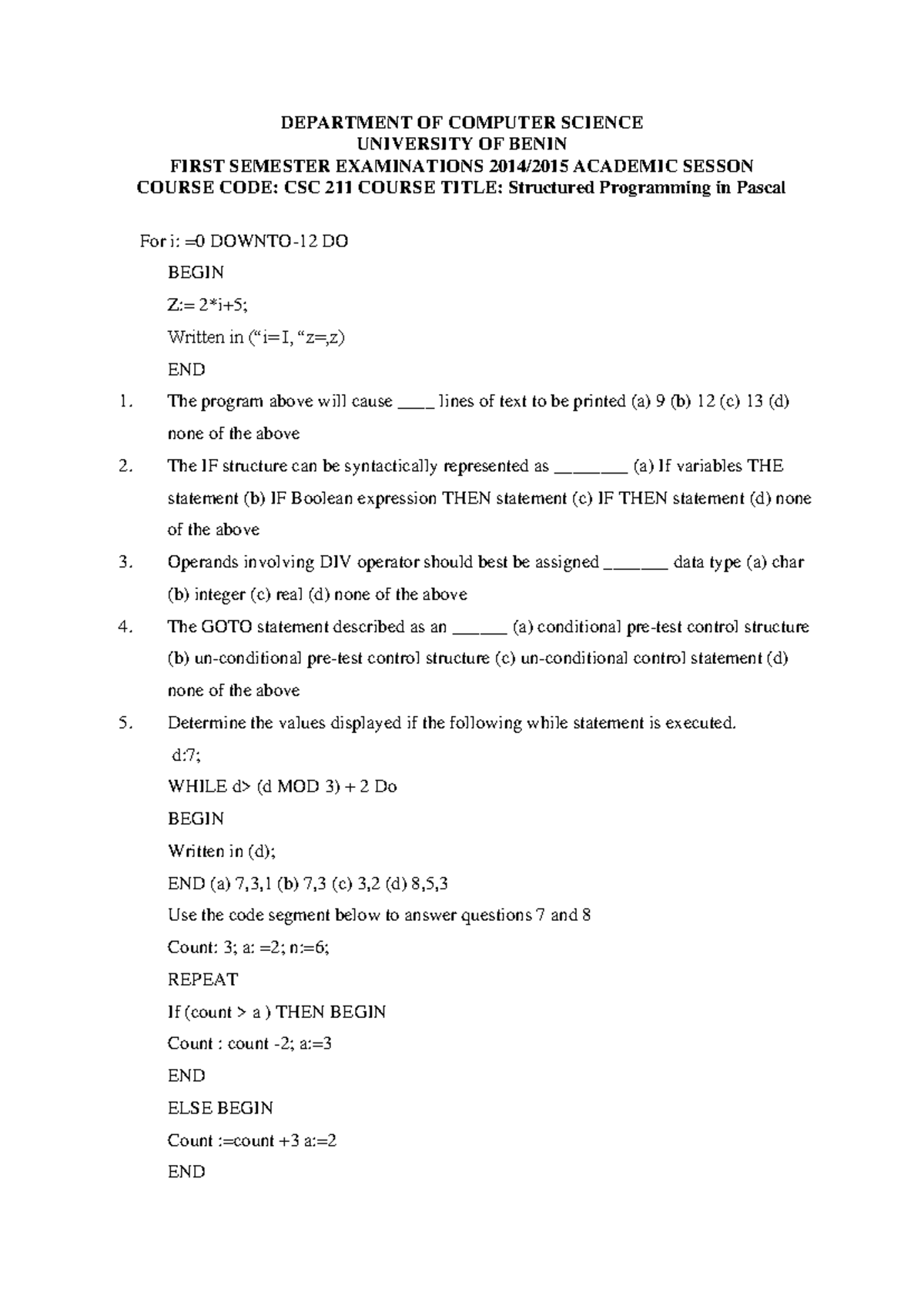 CSC 212 Final Exam Review: Structured Programming in Pascal 2014 - Studocu
