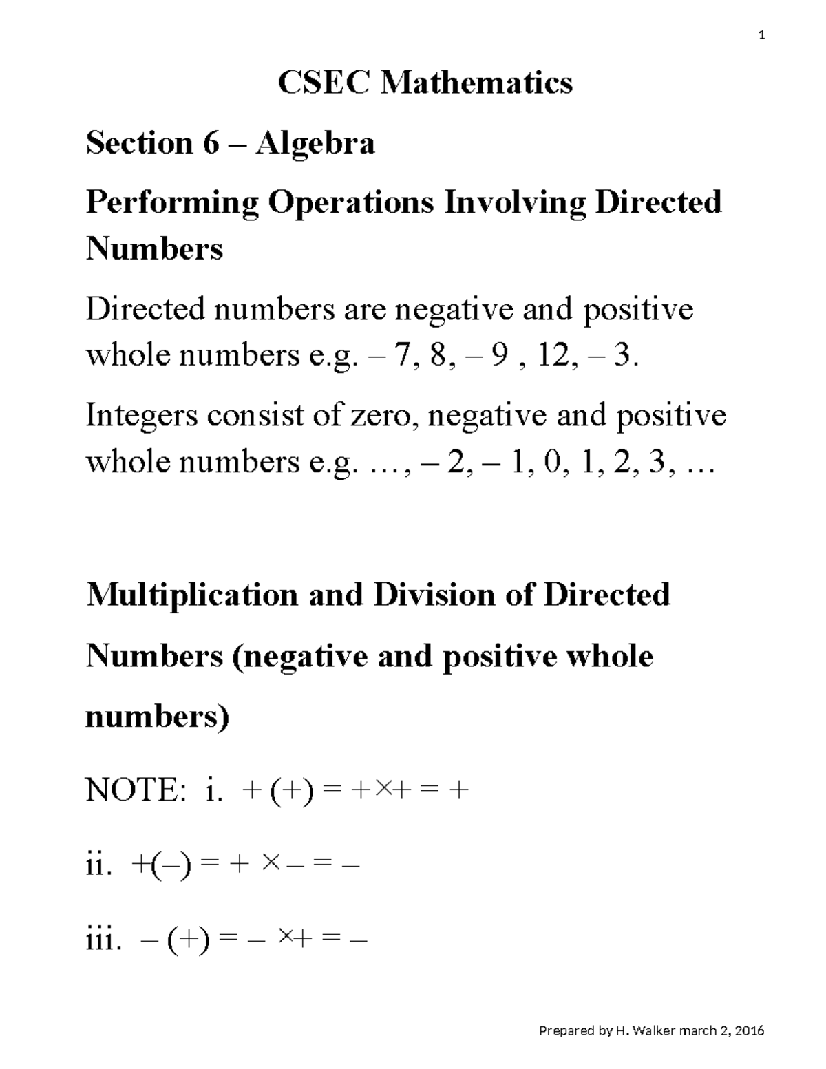 CSEC Mathematics 1: Section 6 - Algebra Operations with Directed ...