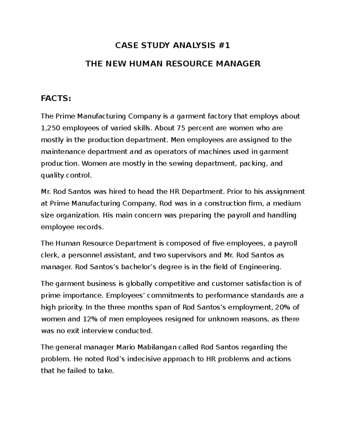 THE NEW HUMAN RESOURCE MANAGER CASE STUDY ANALYSIS - CASE STUDY ...