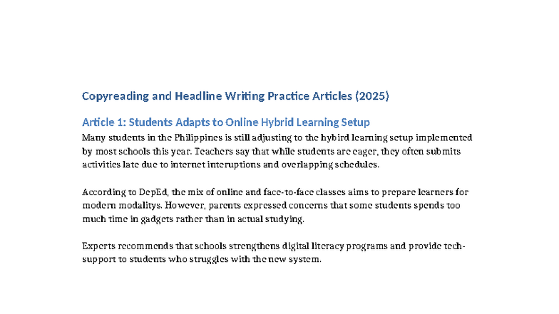 Copyreading Practice Articles 2025: Student Adaptation & Environmental ...