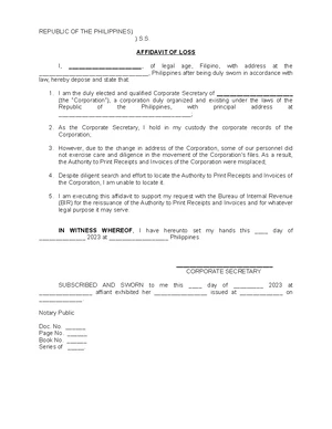 Affidavit - Loss of BIR Form 2303 - Republic of the Philippines ...