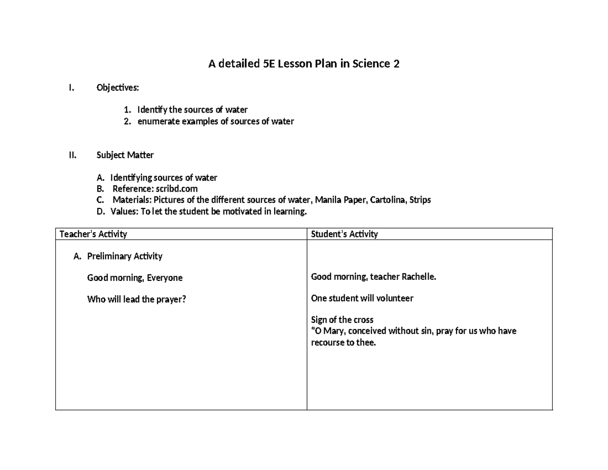 Science 2 5E Lesson Plan: Exploring Sources of Water - Studocu