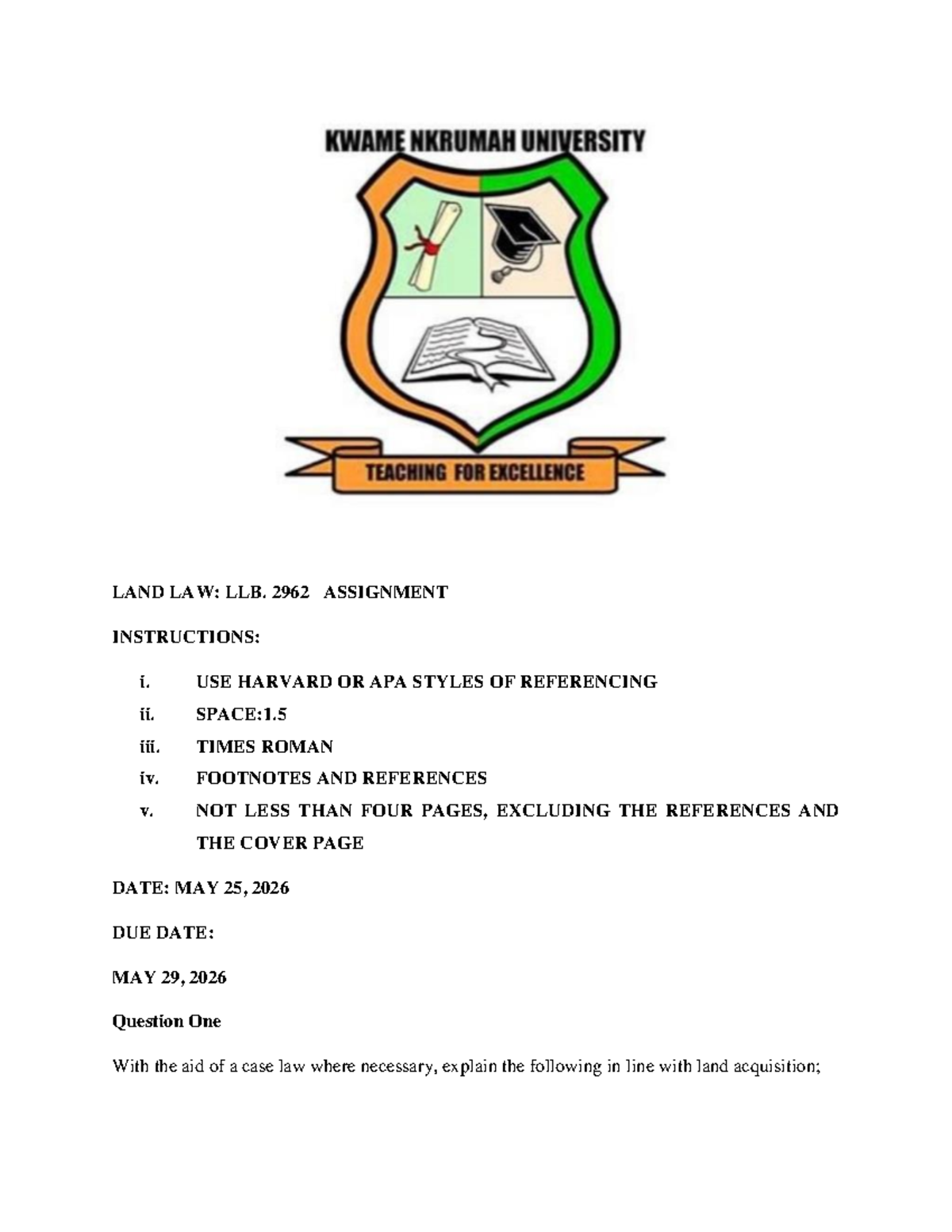 LAND LAW: LLB 2962 Assignment Guidelines - May 2026 - Studocu