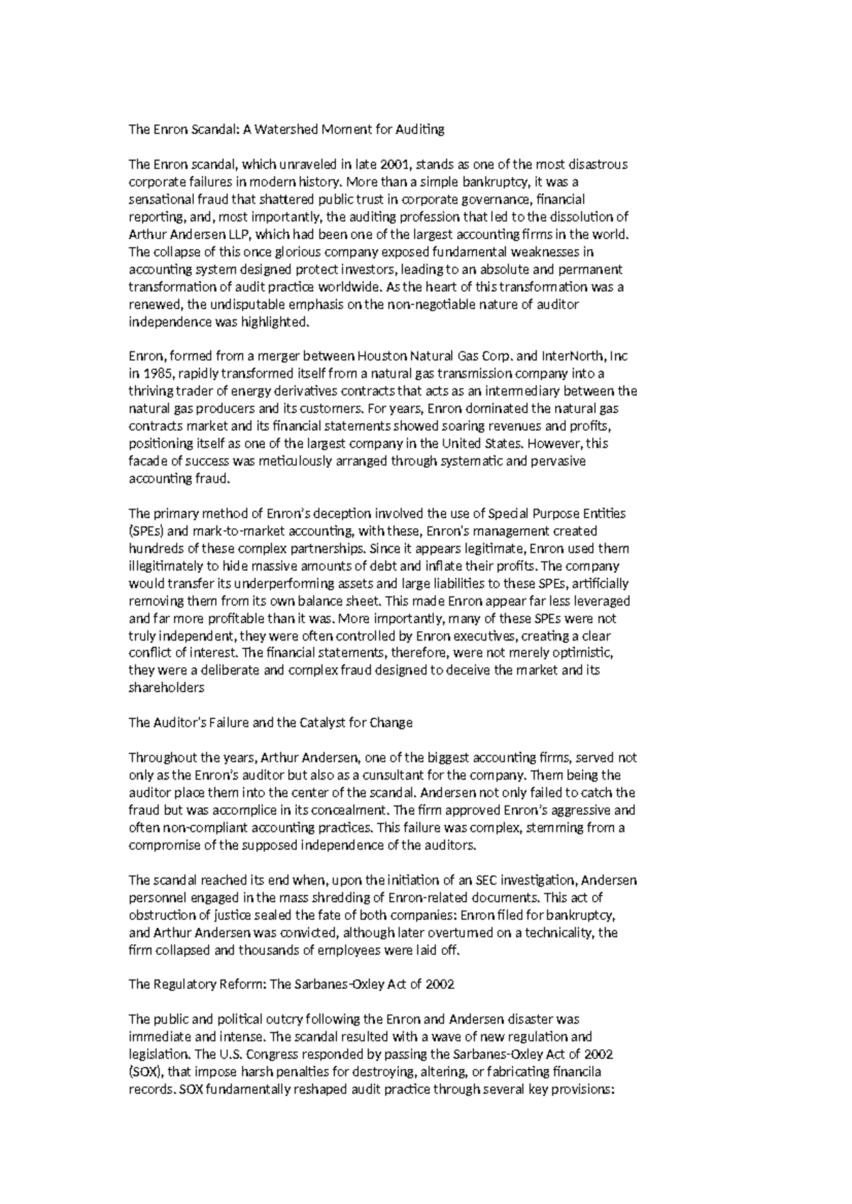 The Enron Scandal: Impact on Auditing & SOX Reforms - Studocu