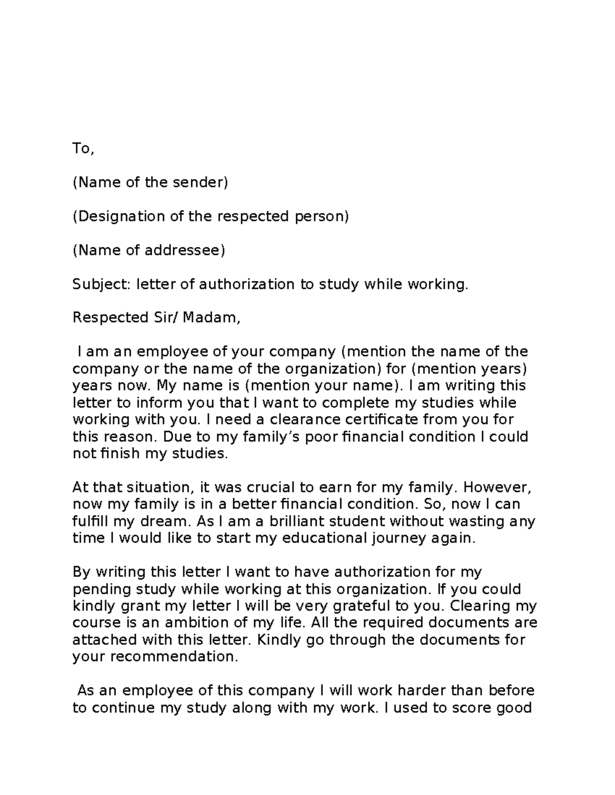 Permission Letter for Study Authorization While Working (06/2021) - Studocu