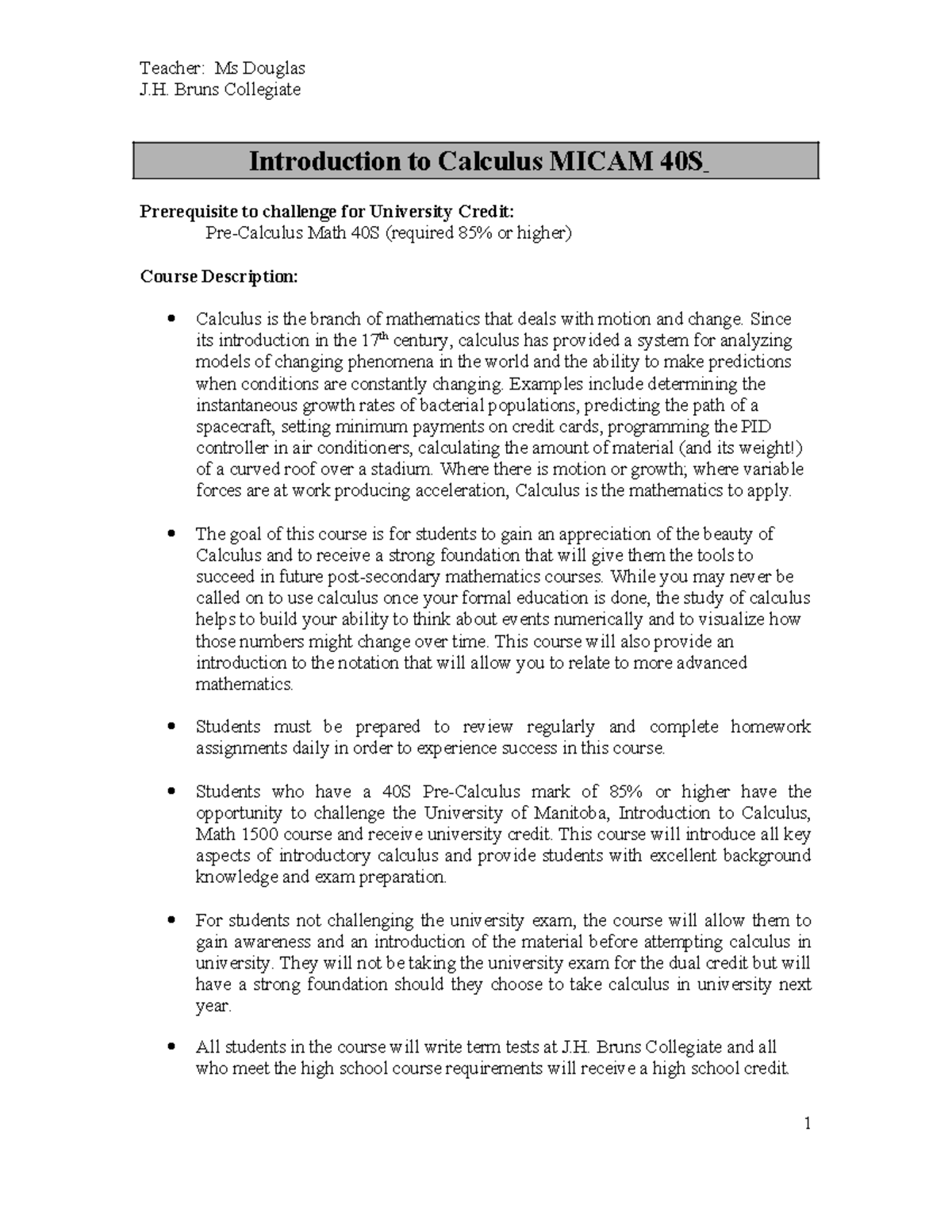Dual Credit Calculus Course Outline MICAM 40S - 2023 - Studocu