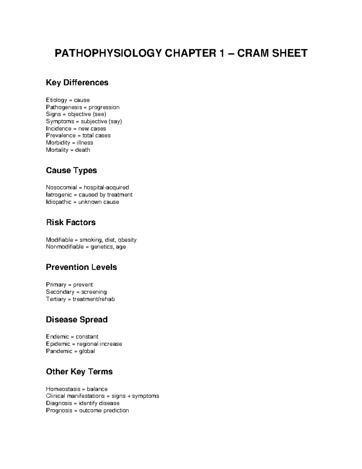 Patho Chapter 1 Cram Sheet - PATHOPHYSIOLOGY CHAPTER 1 – CRAM SHEET Key ...