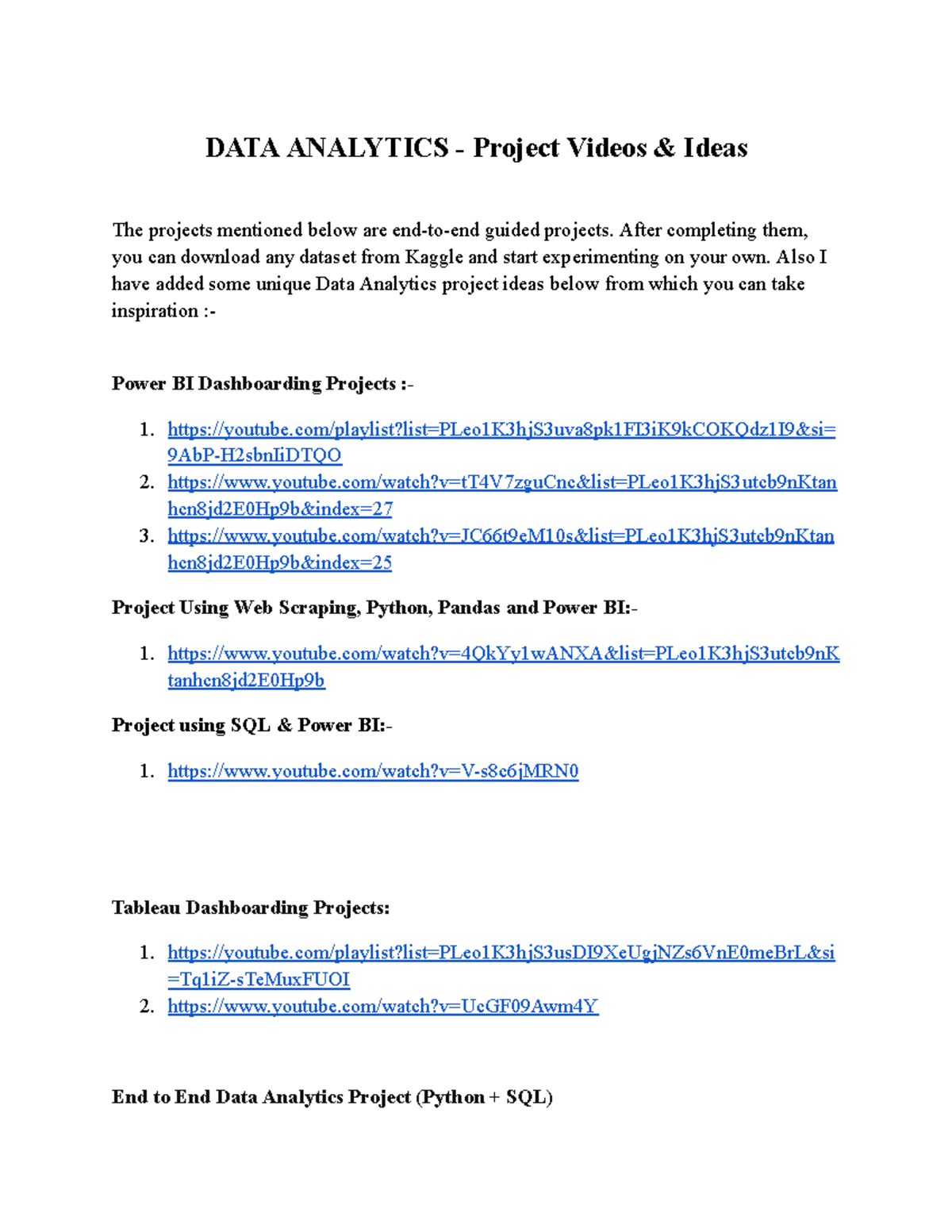 DATA Analytics - Project Ideas and Video Resources Guide - Studocu
