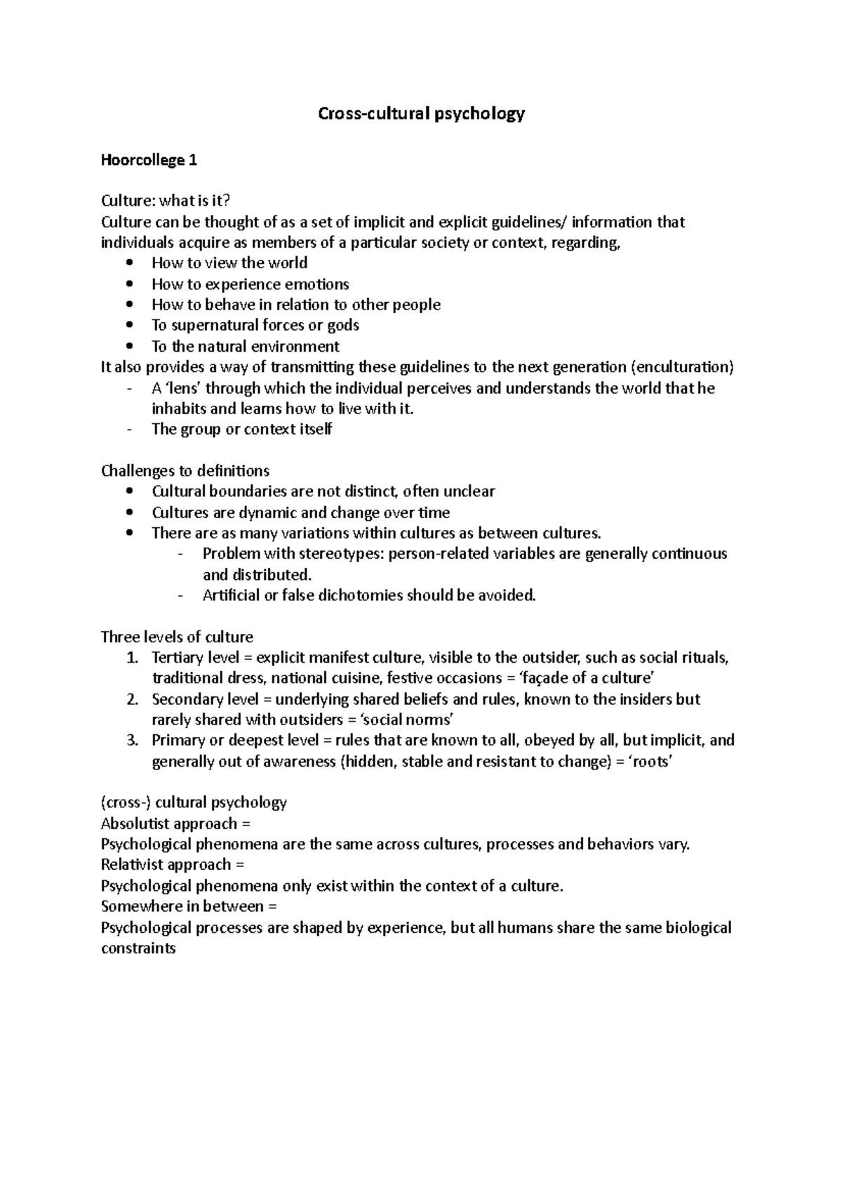 Cross-Cultural Psychology Summary (Hoorcollege 1) - HC 101 - Studeersnel