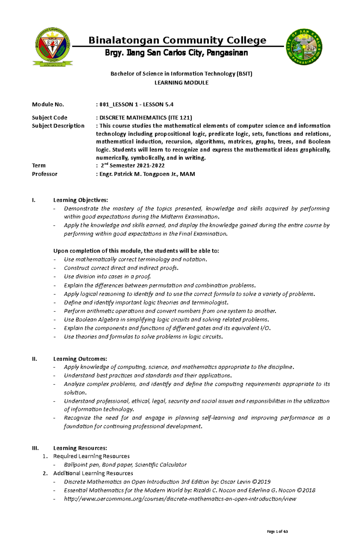 ITE-121: Comprehensive Discrete Mathematics Learning Module (Lessons 1 ...