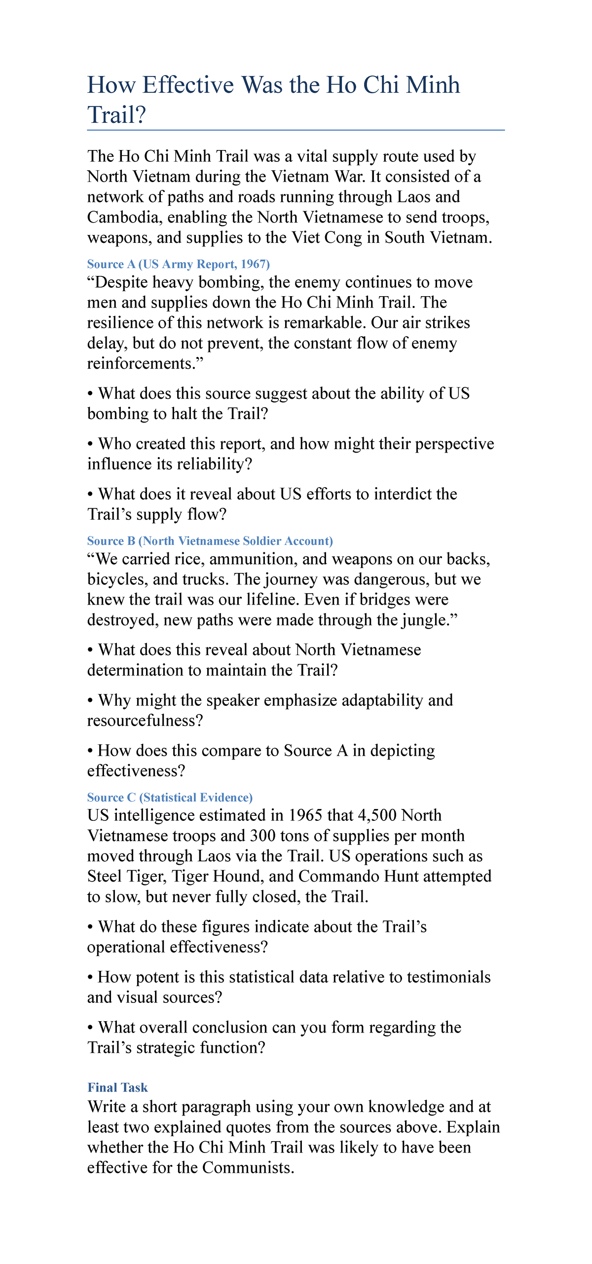 The Effectiveness of the Ho Chi Minh Trail: Analyzing Key Sources - Studocu
