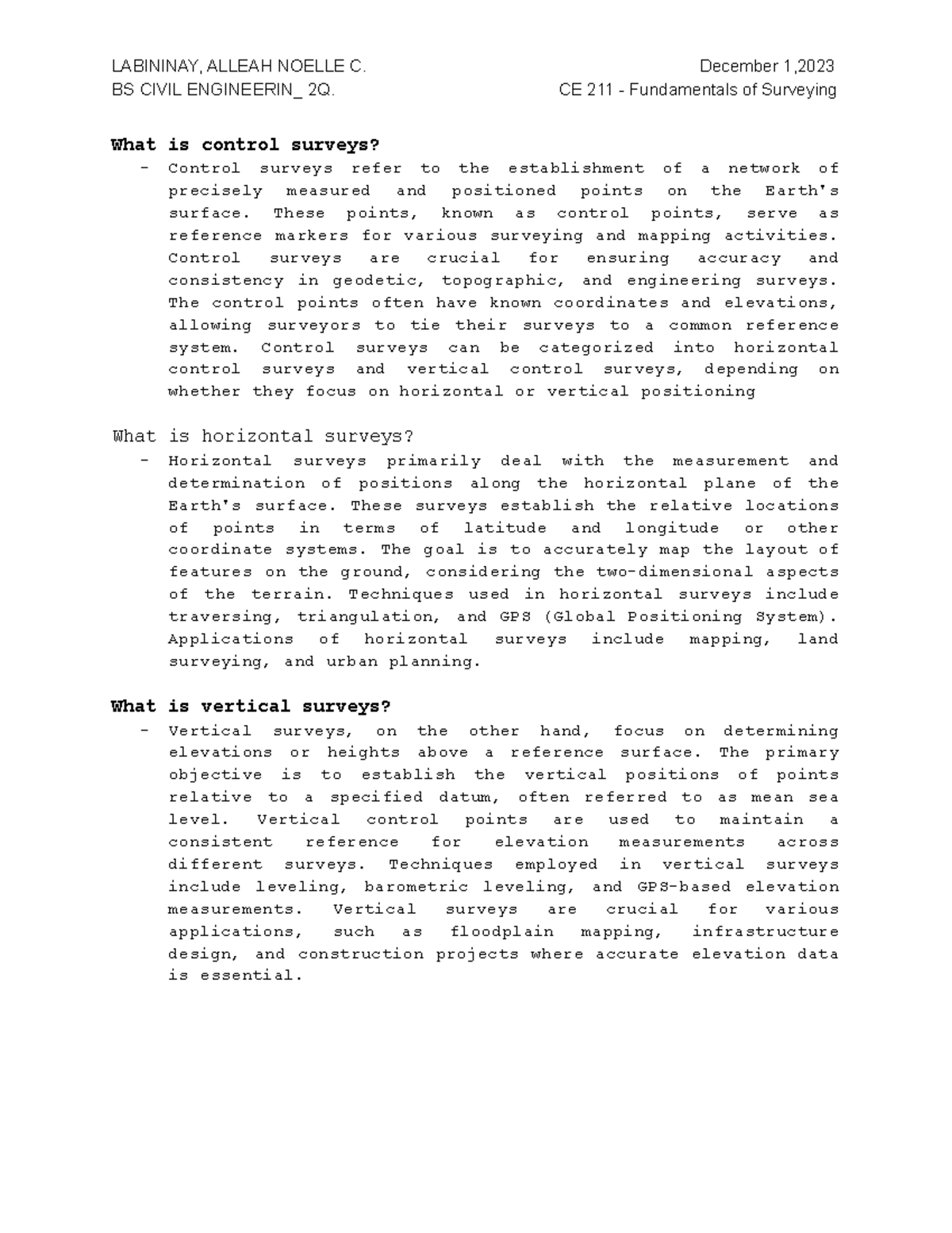 Control Surveys: Key Concepts in CE 211 Fundamentals of Surveying - Studocu