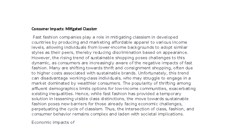 Consumer Impacts: Mitigated Classism in Fast Fashion Debate - Studocu