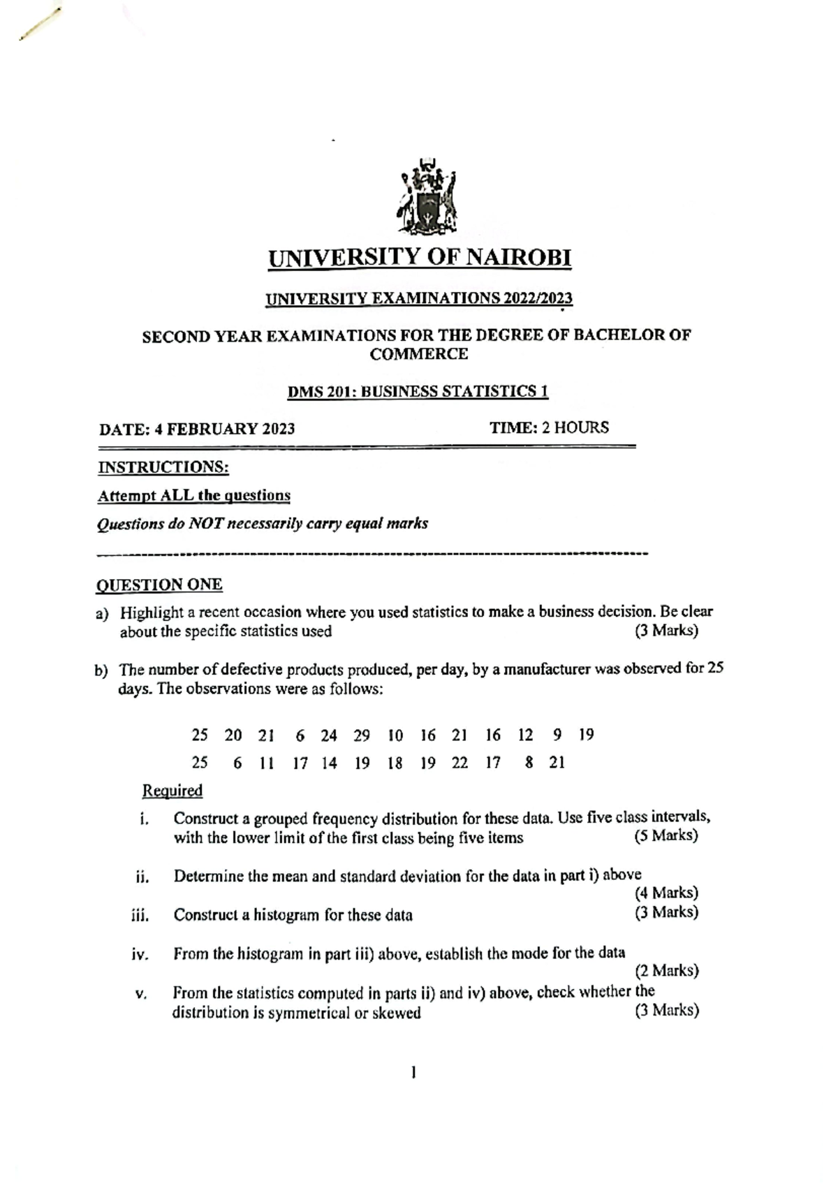 Business Statistics Past Exam Papers - DMS 201 Analysis - Studocu