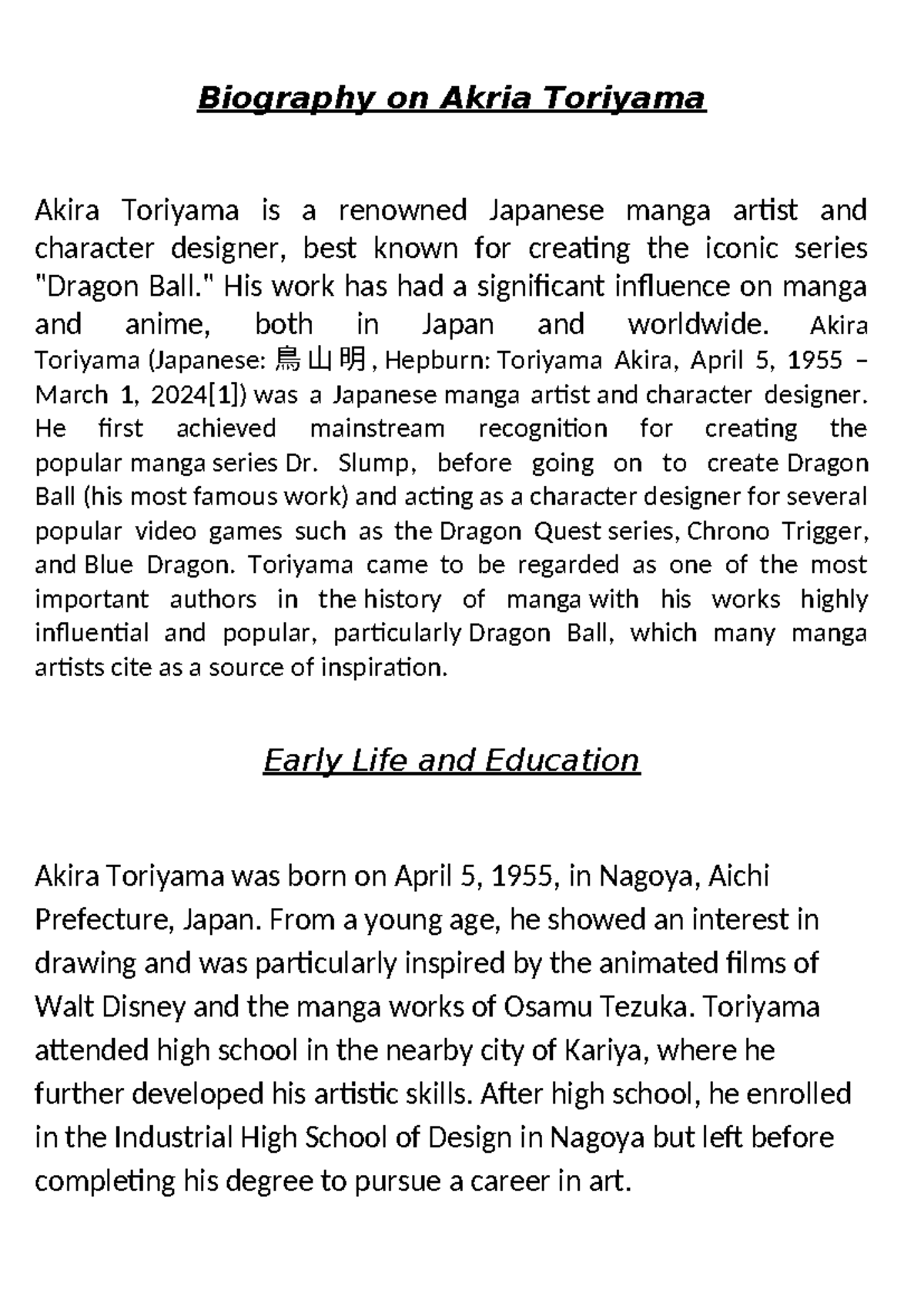 Biography of Akira Toriyama: Impact on Manga & Anime Culture - Studocu