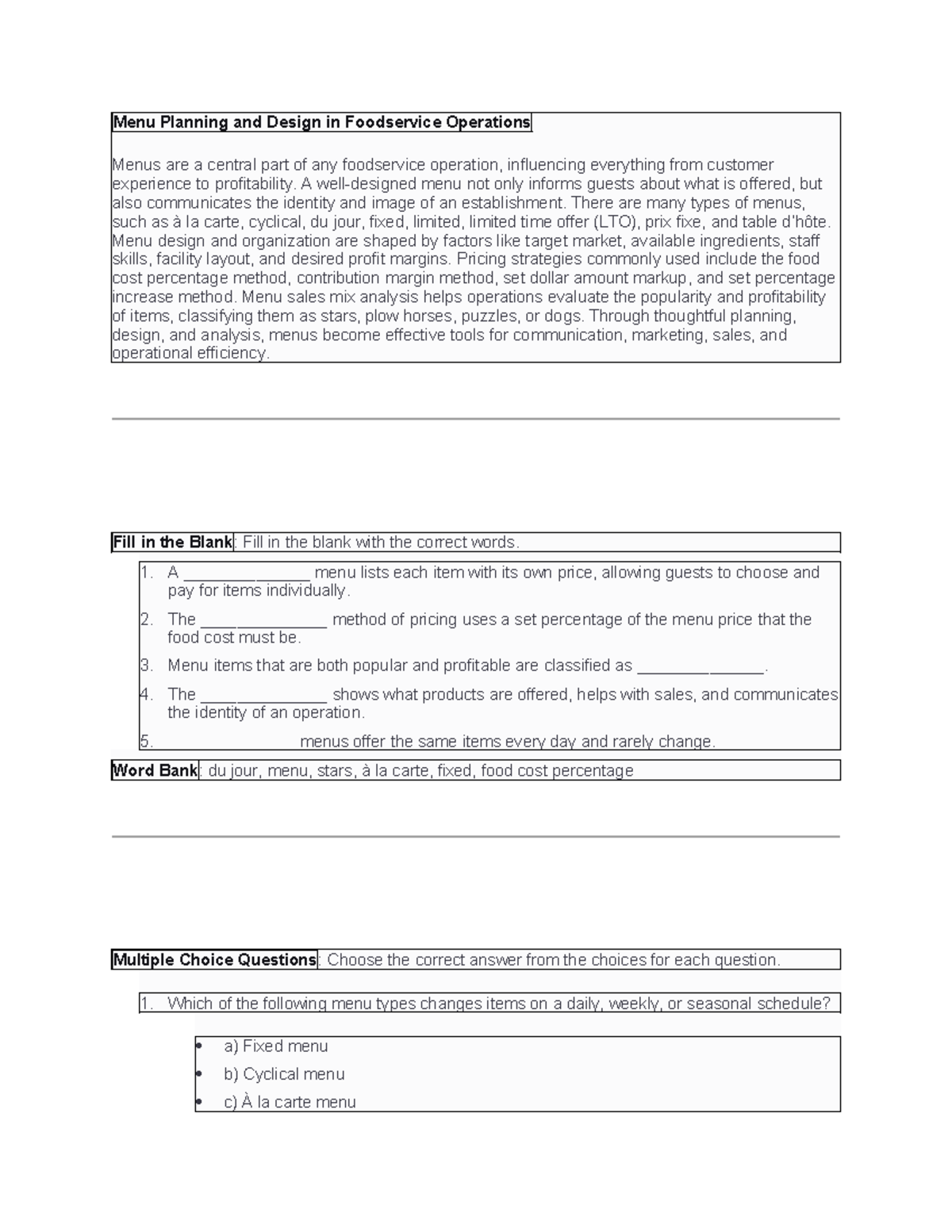 Menu Planning and Design in Foodservice Operations - CH2ps - Studocu