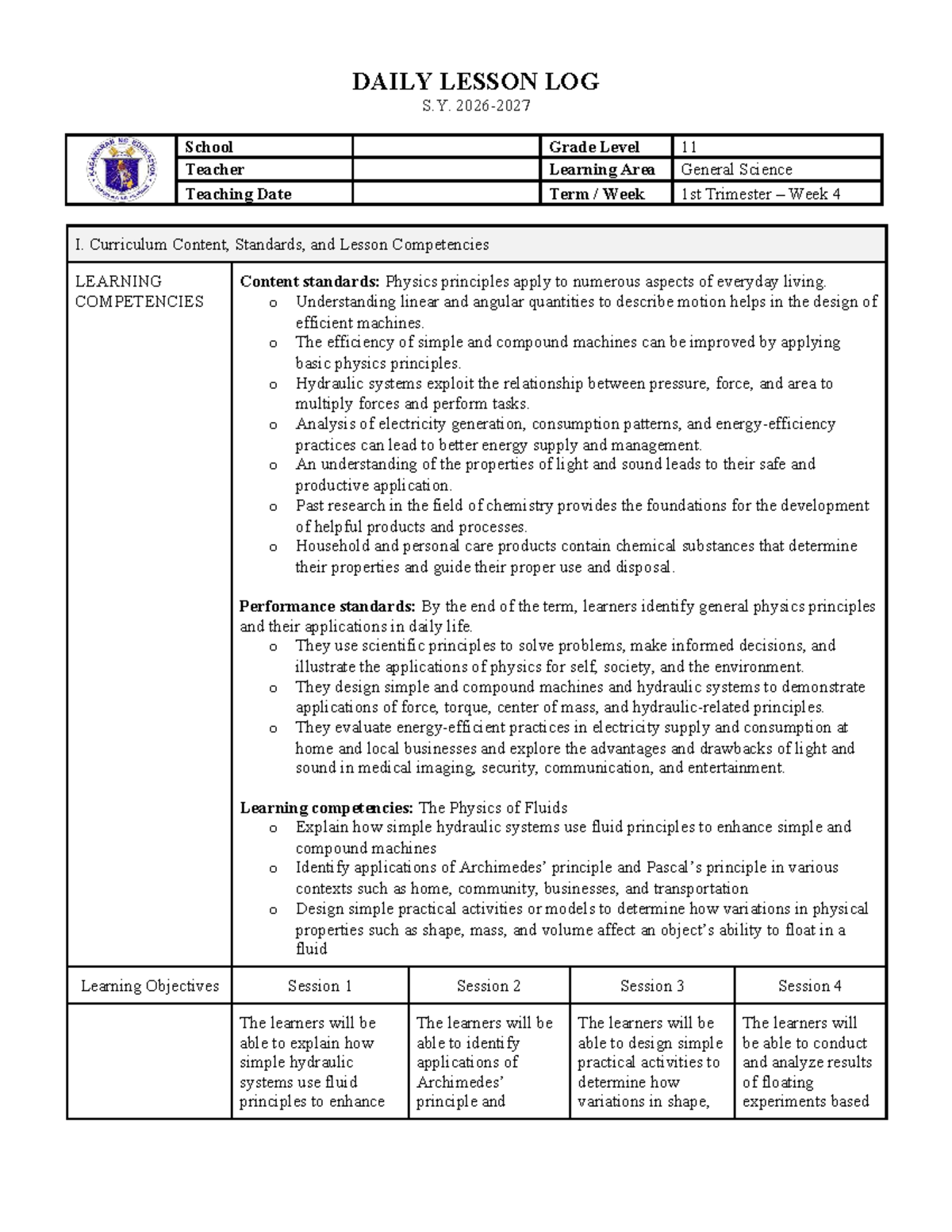 DLL GS 1TW4: Daily Lesson Log on Fluid Principles in General Science ...