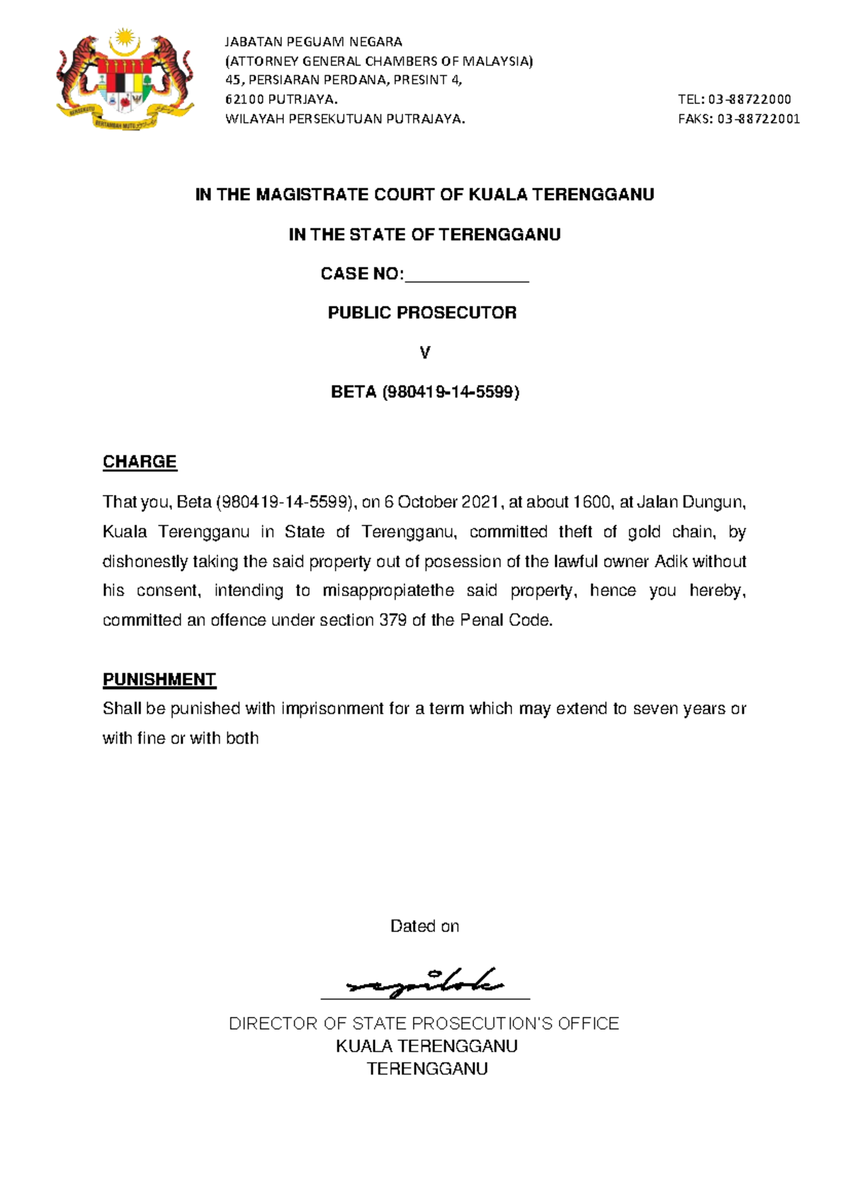 Example of Charge Sheet - Case No: __________, Public Prosecutor v ...