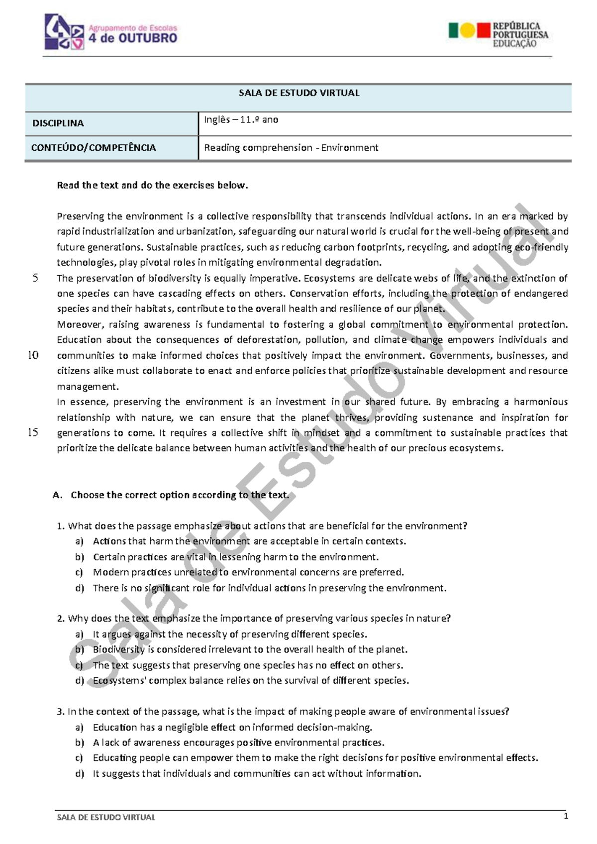 Reading 11: Comprehension on Environmental Conservation and ...