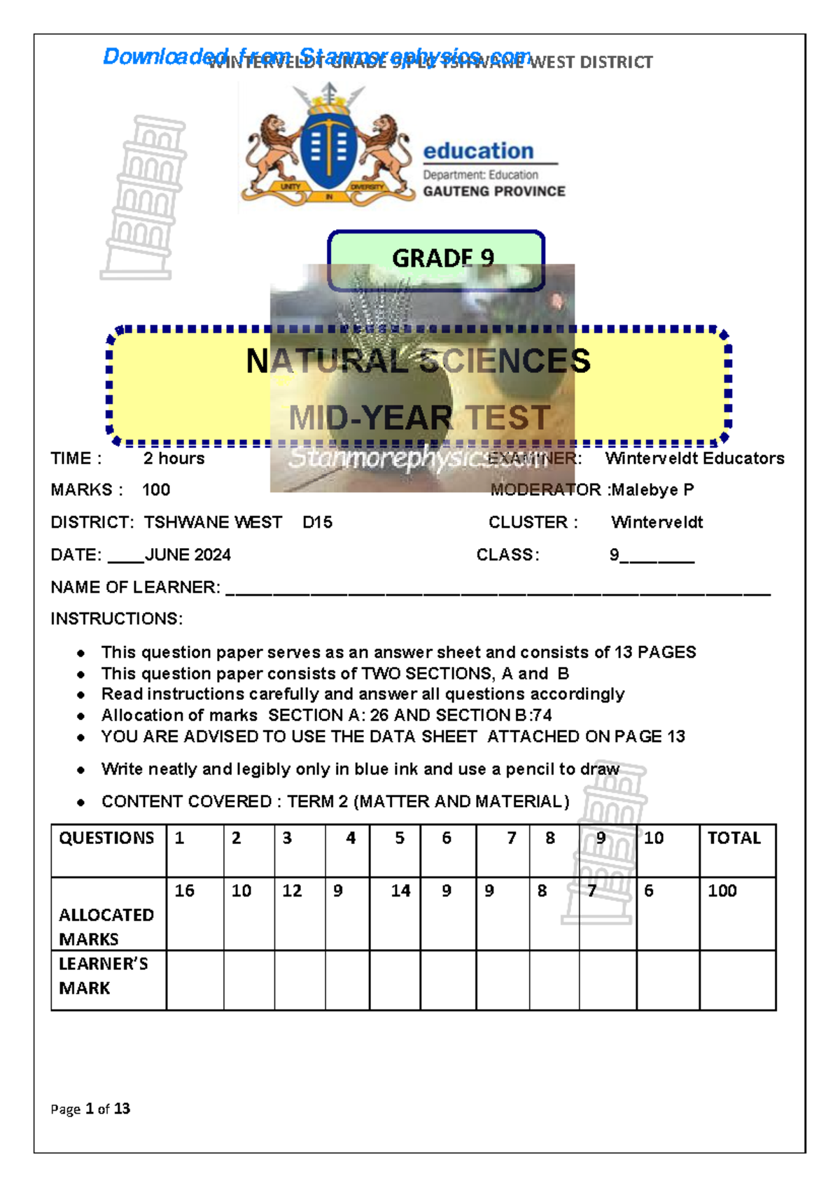 GP Natural Sciences Grade 9 Mid-Year Test June 2024 QP and Memo - Studocu