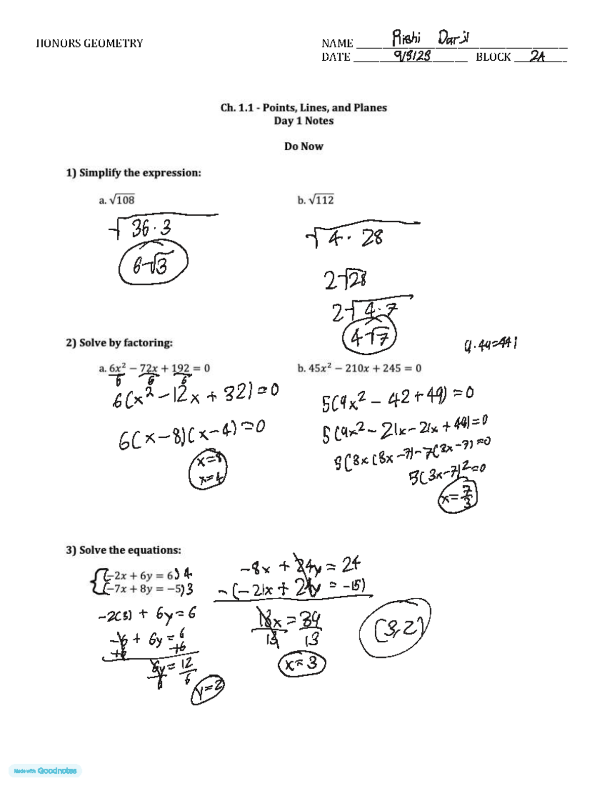 Honors Geometry 2A: Points, Lines, and Planes Overview (Day 1) - Studocu