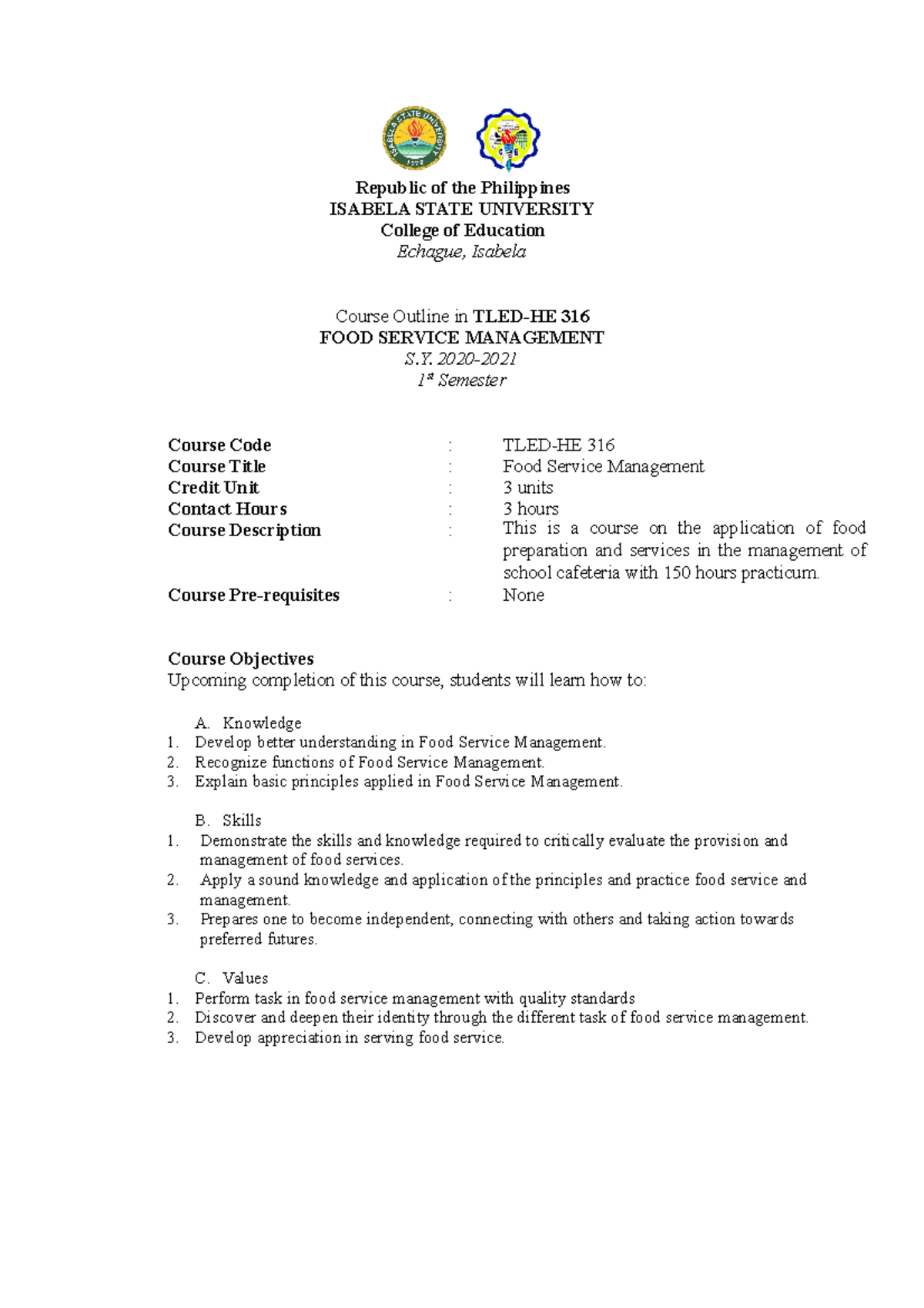 TLED-HE 316 Food Service Management Course Outline S.Y. 2020-2021 - Studocu