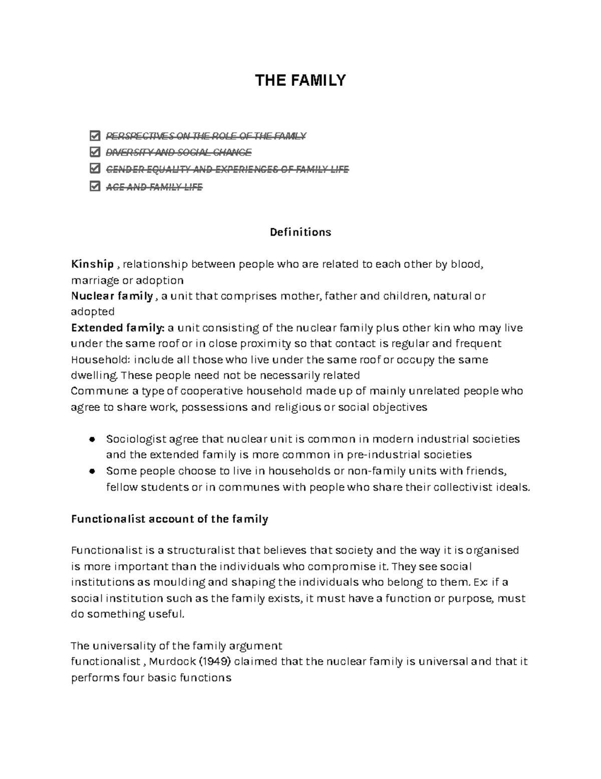 AS Level Sociology: Notes on Family Perspectives and Diversity - Studocu