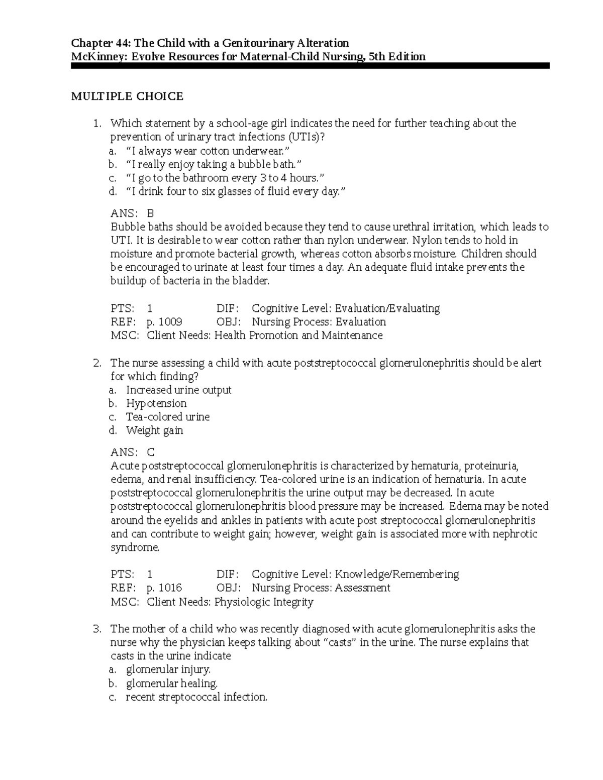 C44 - Chapter 44: Test Bank on Genitourinary Alterations in Children ...