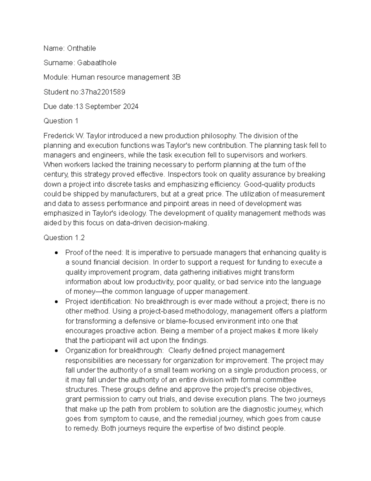 HR3B - Formative Assessment 1: Understanding Quality Management ...
