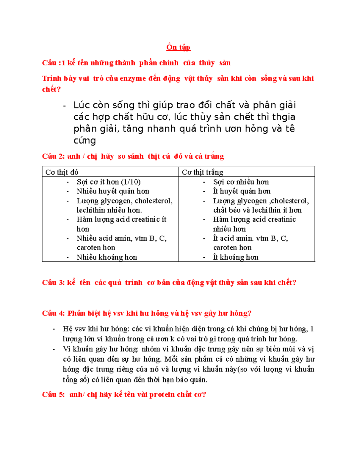 Ôn tập Câu hỏi về Thủy sản và Enzyme - Môn THU 101 - Studocu