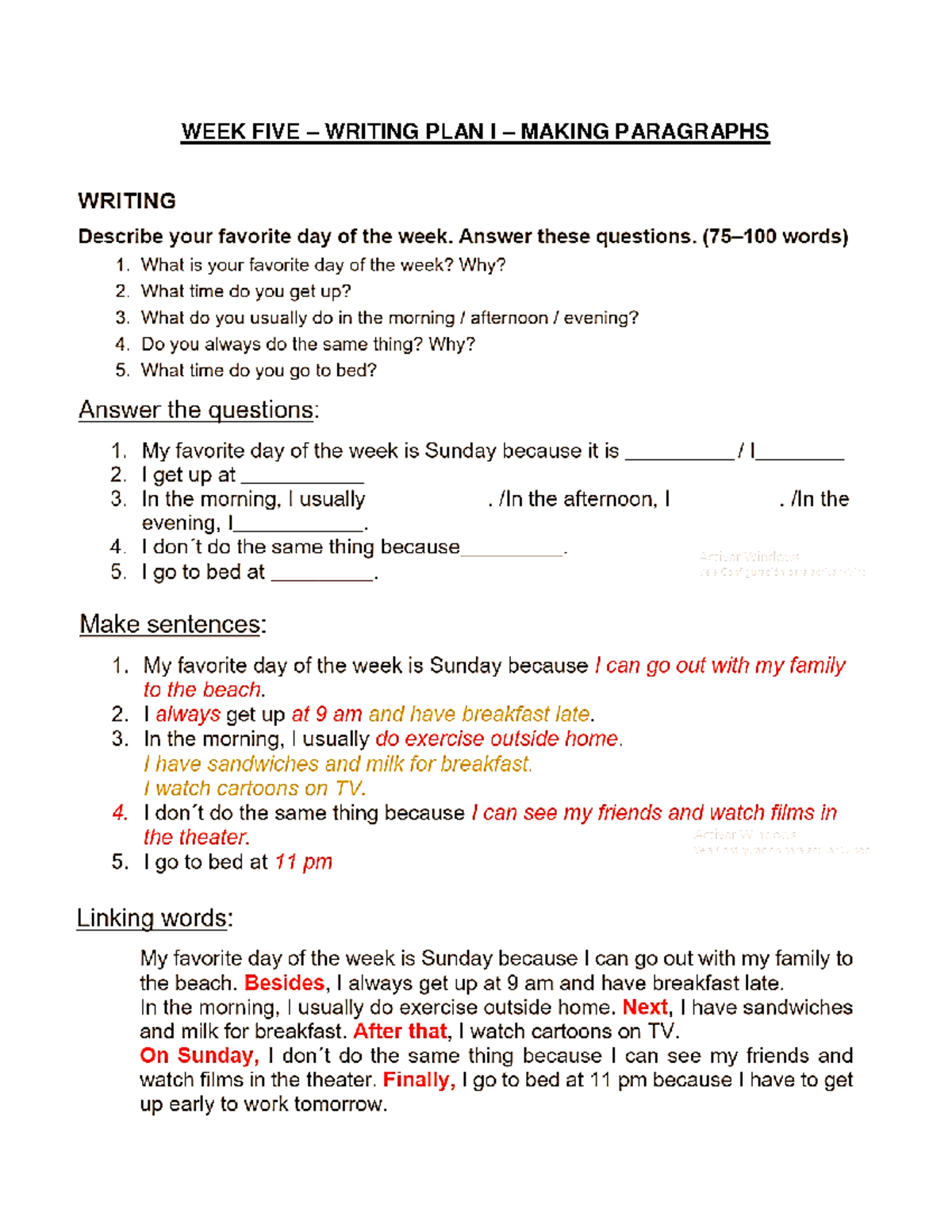 Week 05 Writing plan - Making paragraphs - WEEK FIVE WRITING PLAN I ...