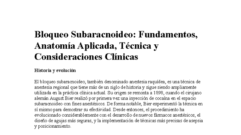 Título: Bloqueo Subaracnoideo: Fundamentos y Técnica Anestésica - Studocu