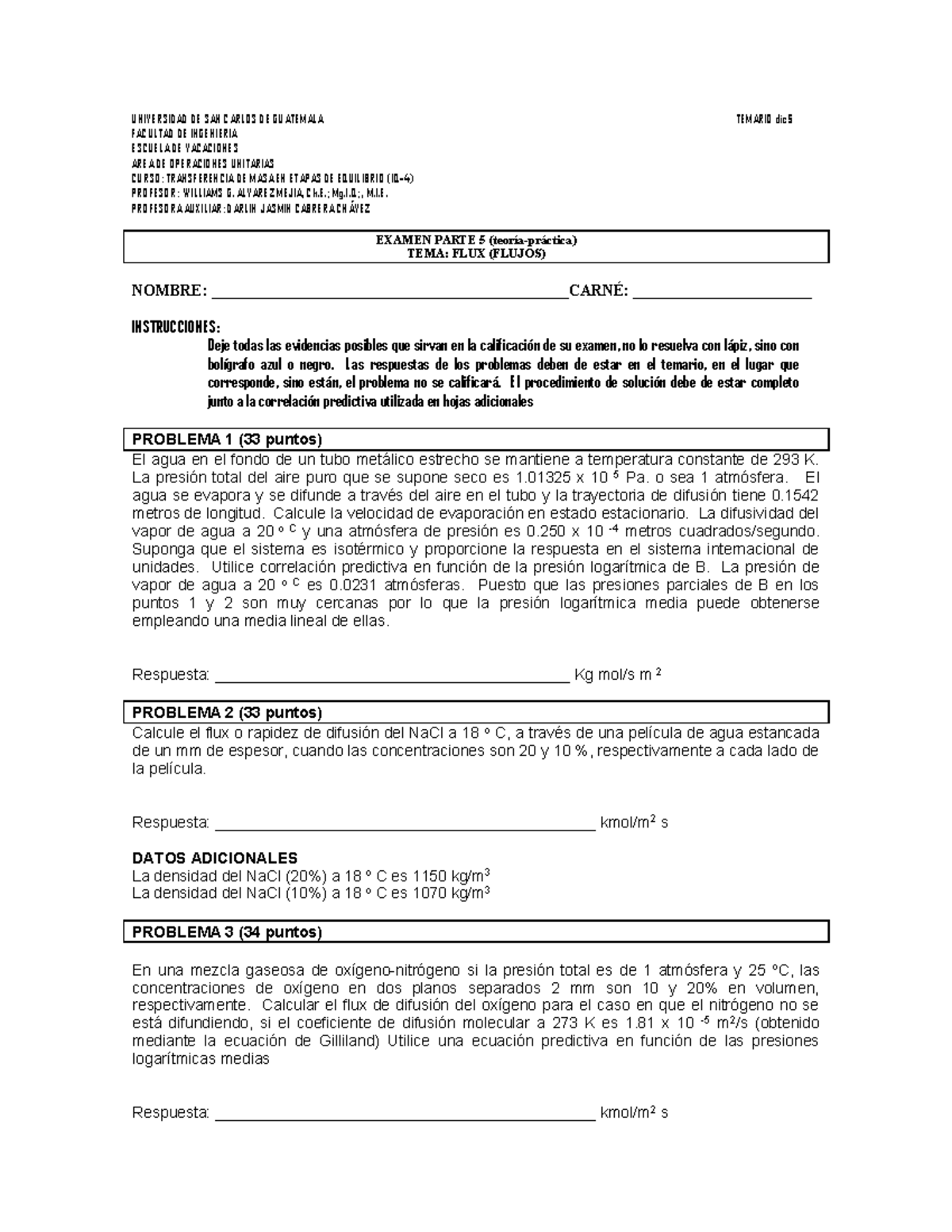 Examen Parte 5: Flux en Transferencia de Masa - Curso: TM-ETAPAS - Studocu