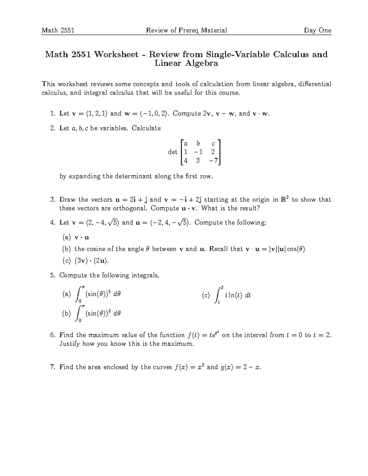 Math 2551 Comprehensive Worksheet Review: Prerequisites and Concepts ...