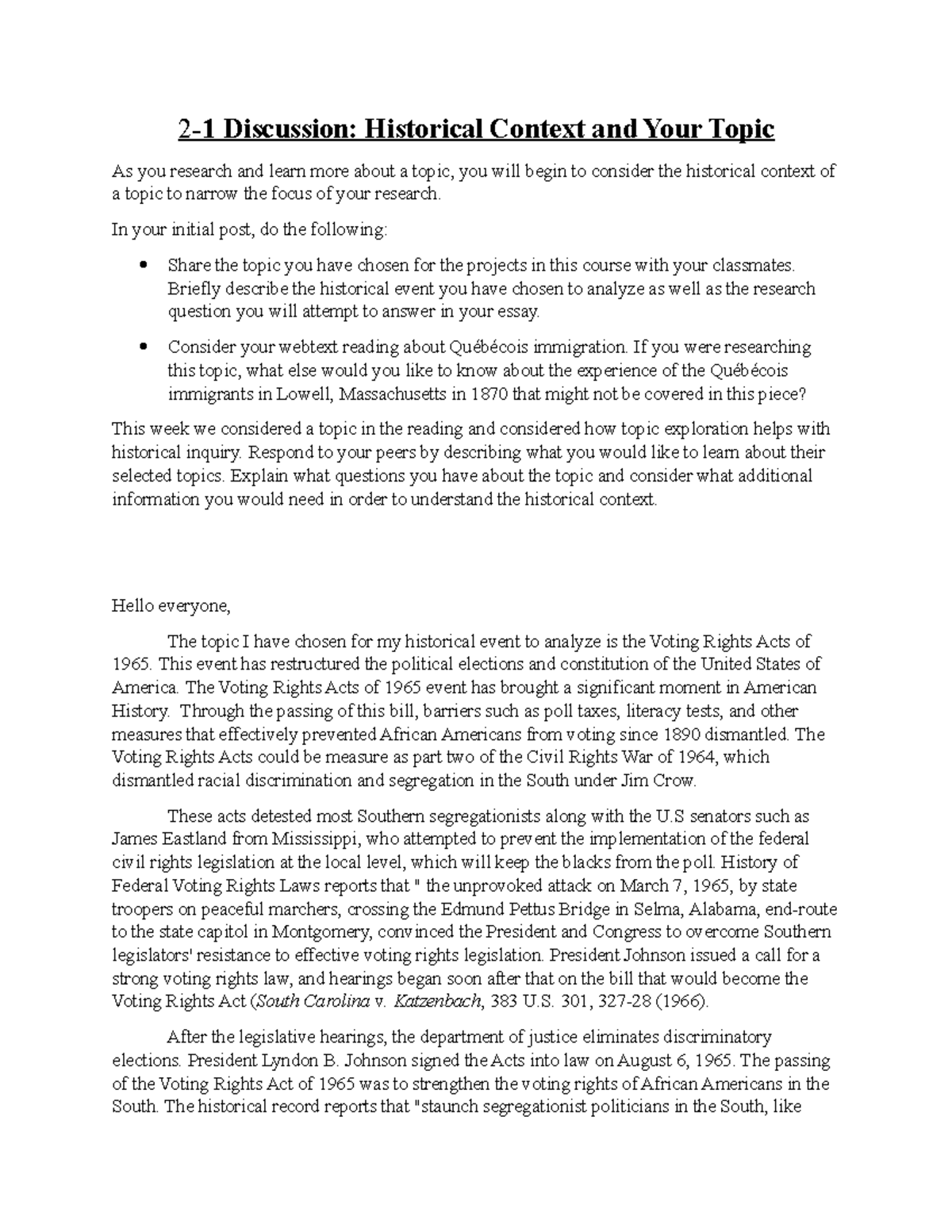 2 1 Discussion: Analyzing Historical Context of Voting Rights Act - Studocu