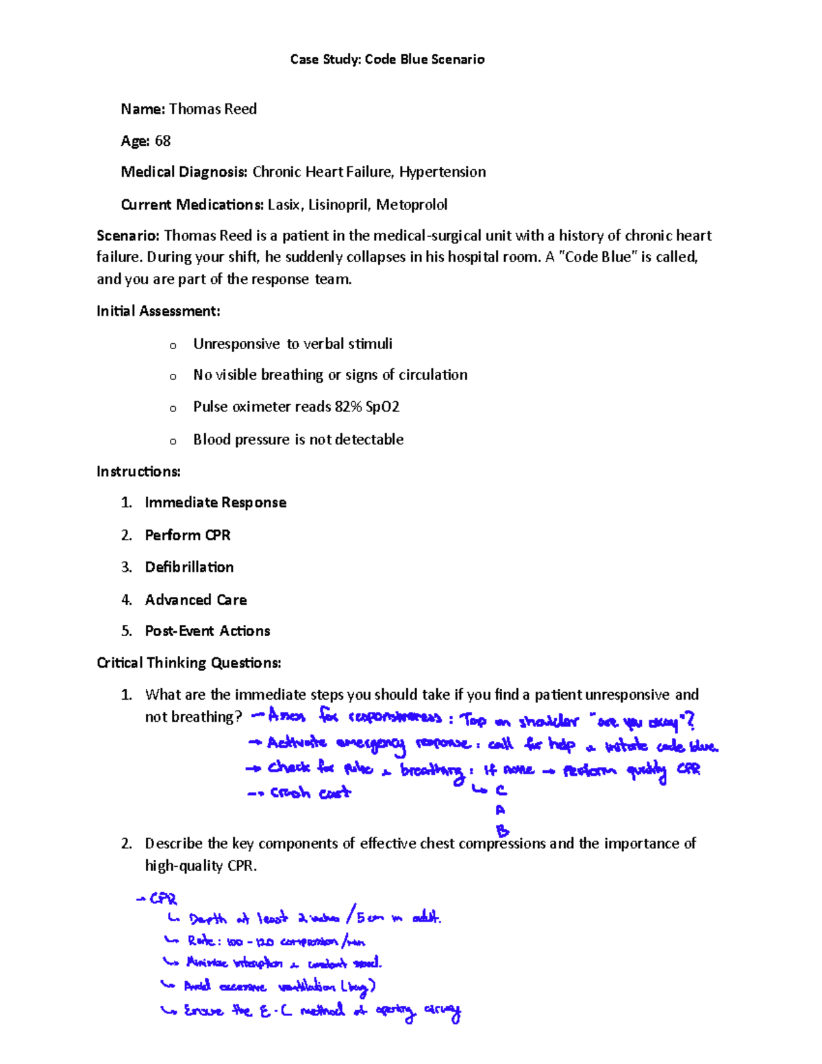 Code Blue Case Study: Emergency Response for Patient Collapse - Studocu