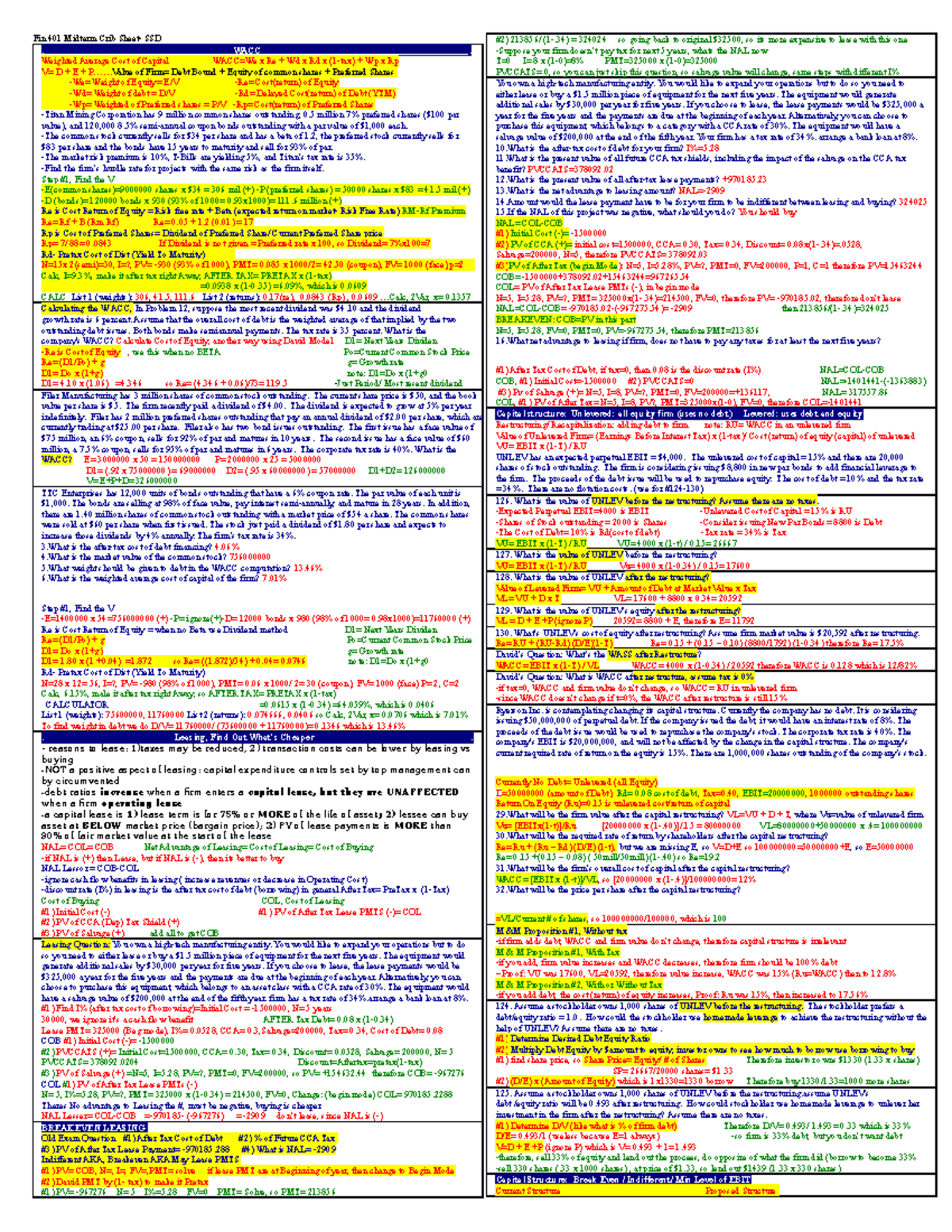 Fin 401 Midterm WACC & Leasing Concepts Cheat Sheet - Studocu
