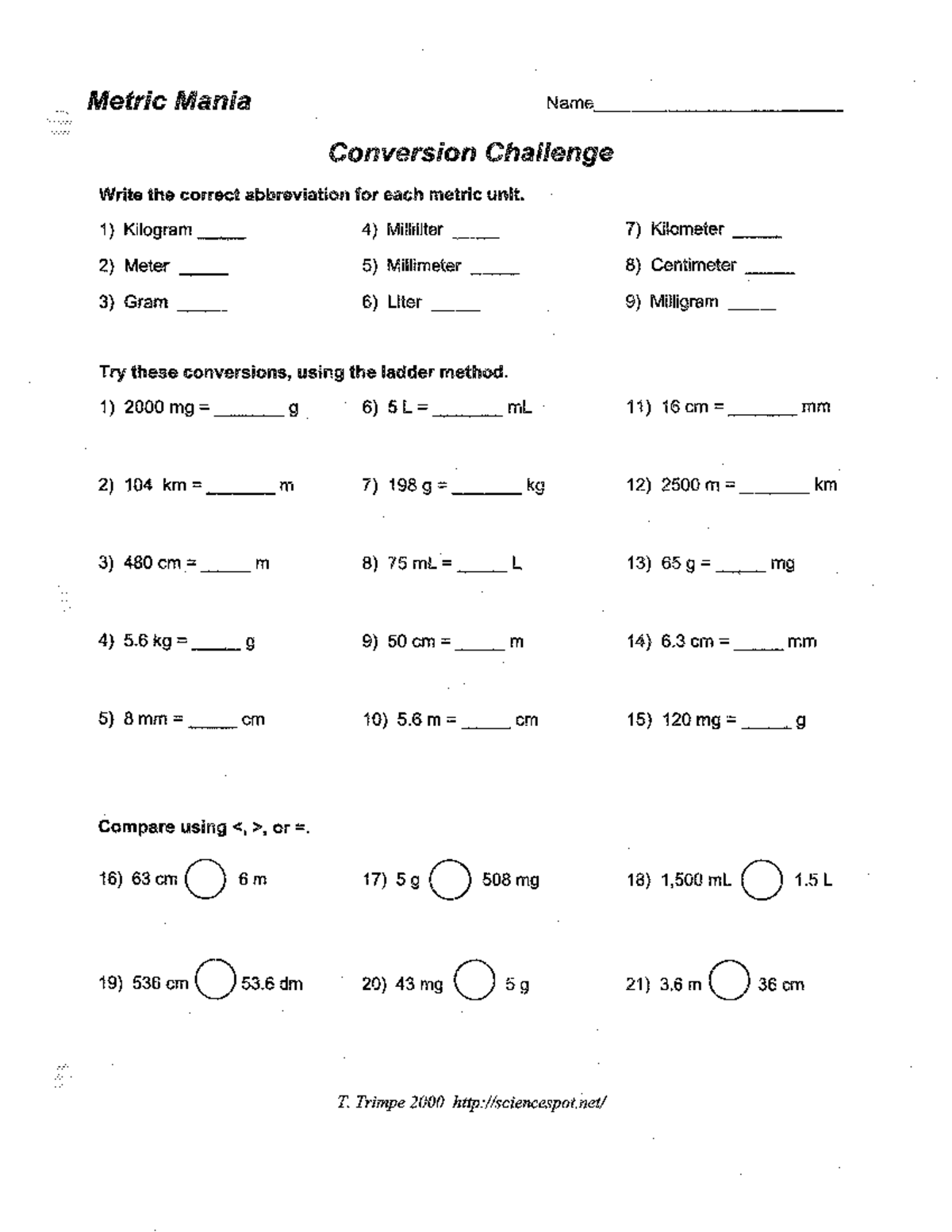 Metric Mania - Metric Conversion Challenge Practice Worksheets - Studocu