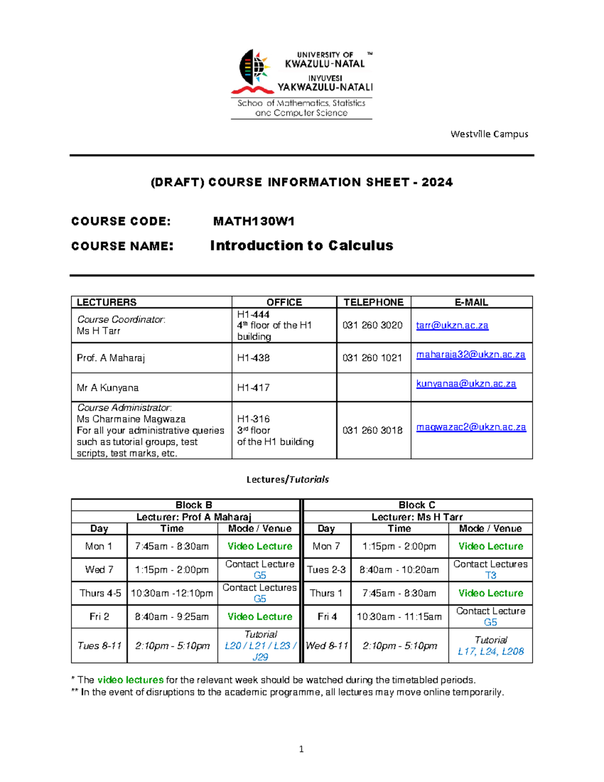 MATH130 W1 2024 Course Information Sheet Draft 3 - (DRAFT) COURSE INFORMATION SHEET - 2024 ...