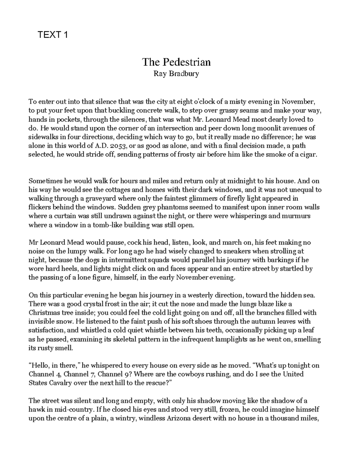 ENG 101 - Essay Notes on "The Pedestrian" by Ray Bradbury - Studocu