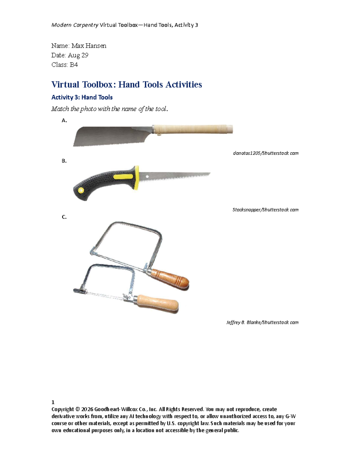Modern Carpentry B4: Activity 3 - Hand Tools Matching Guide - Studocu