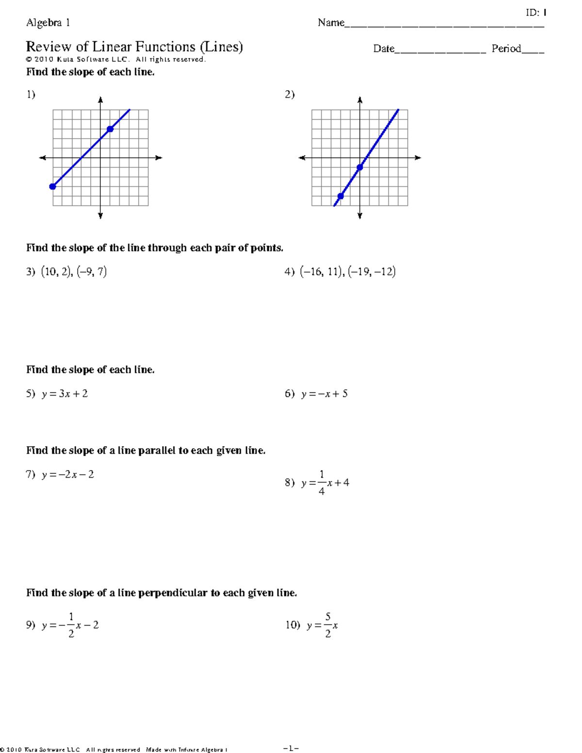 Algebra 1 Review Worksheet: Linear Functions & Slope Equations - Studocu