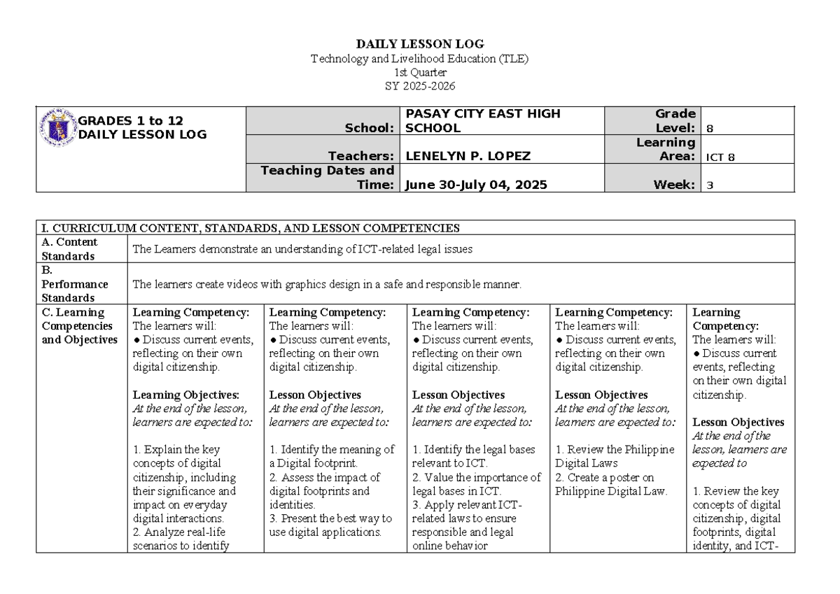 DLL ICT 8 WEEK 2 - Lesson Log on Digital Citizenship and Legal Bases ...