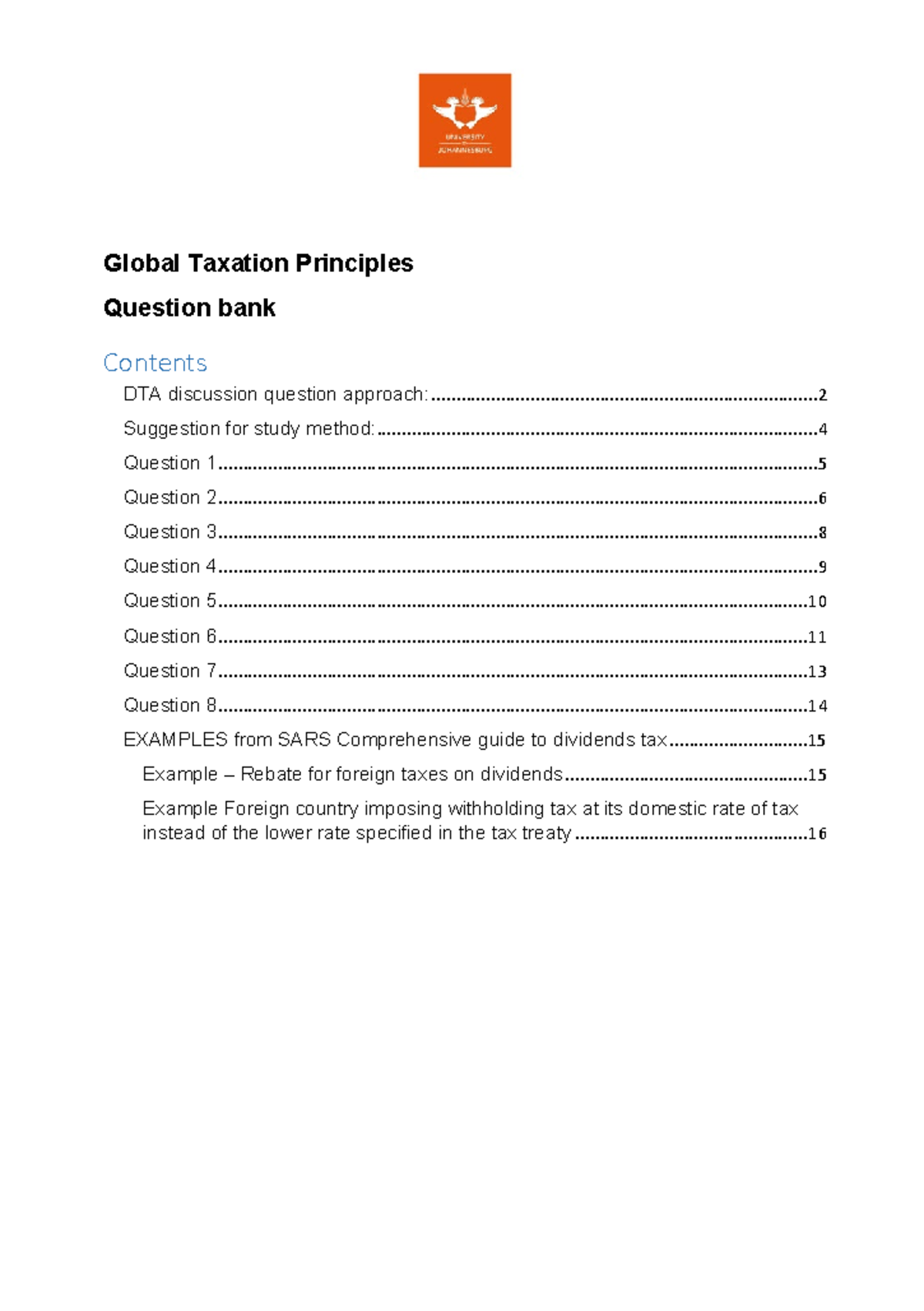 Global Taxation Principles: Question Bank 2024 (DTA Focus) - Studocu
