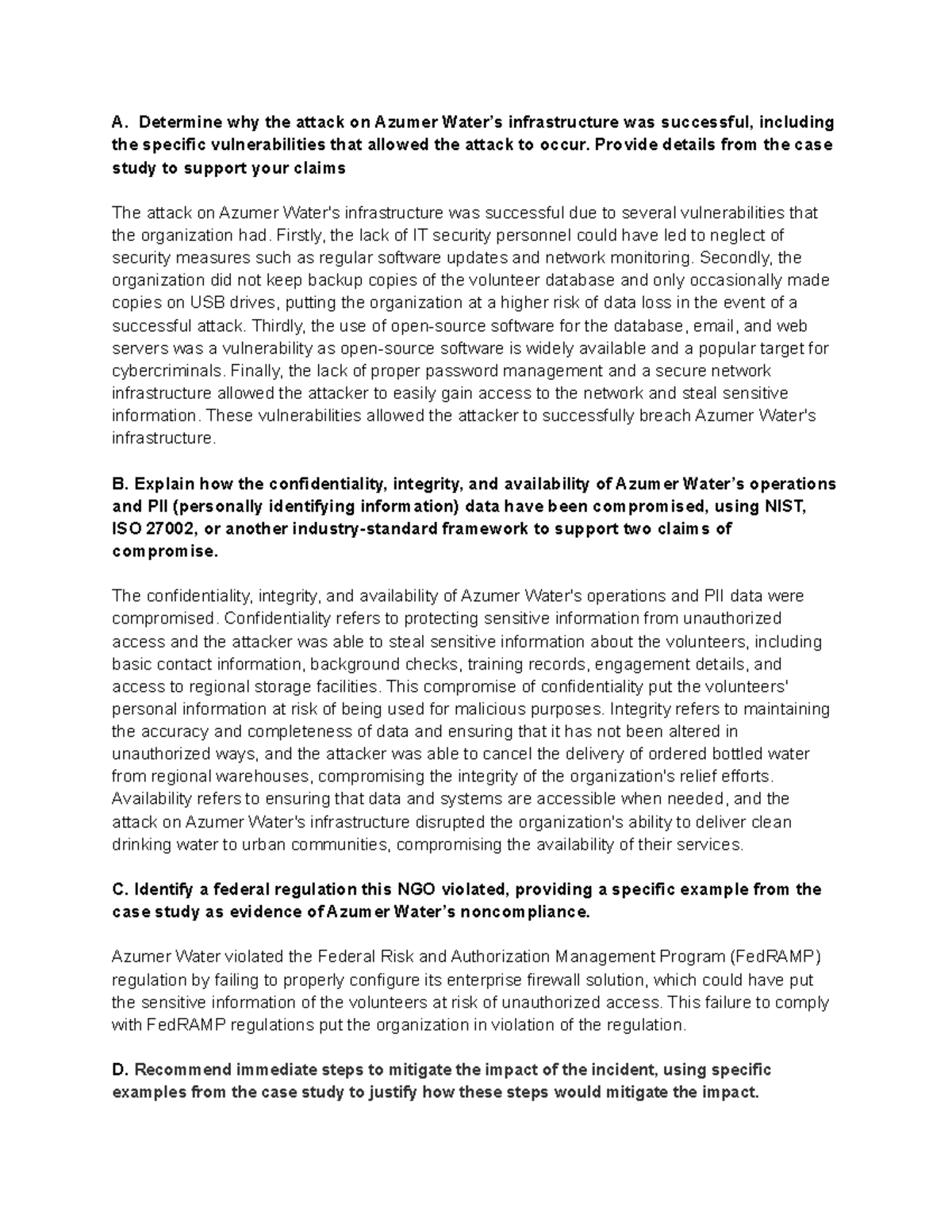 KOP1 — TASK 1 Analysis Response - A. Determine why the attack on Azumer Water’s infrastructure ...
