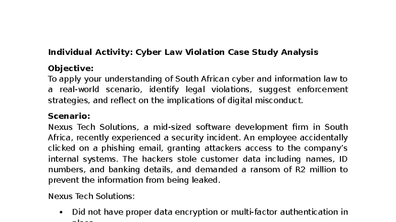 Individual Activity: Cyber Law Violation Case Study (POPIA) Analysis ...